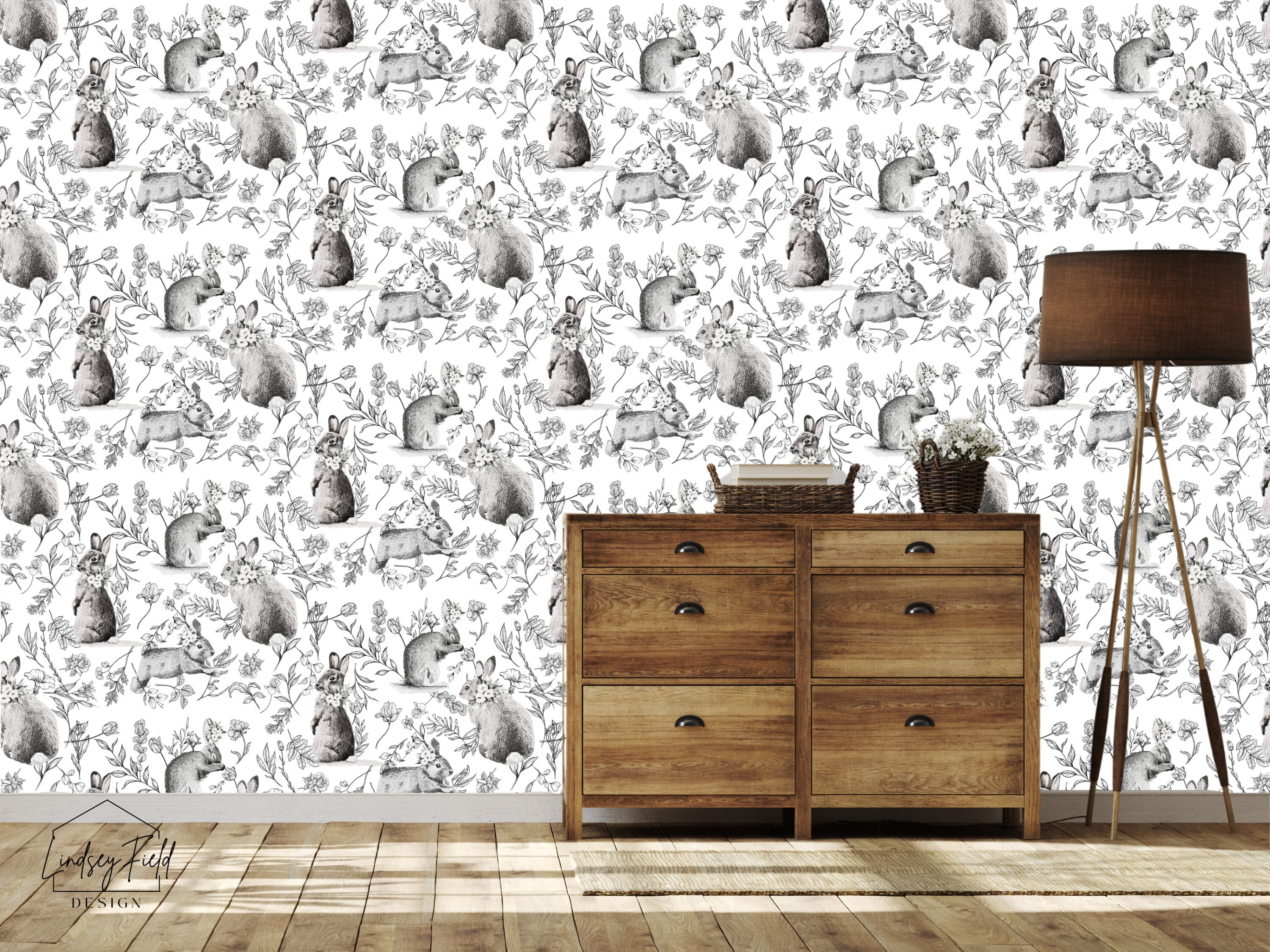 Botanical Bunny Peel and Stick Wallpaper | Black and White Floral ...