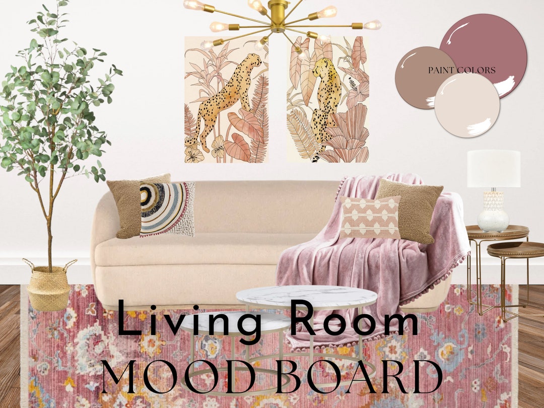 Pink Earth Tone Living Room Mood Board | Boho | Glam | Airbnb | Virtual ...