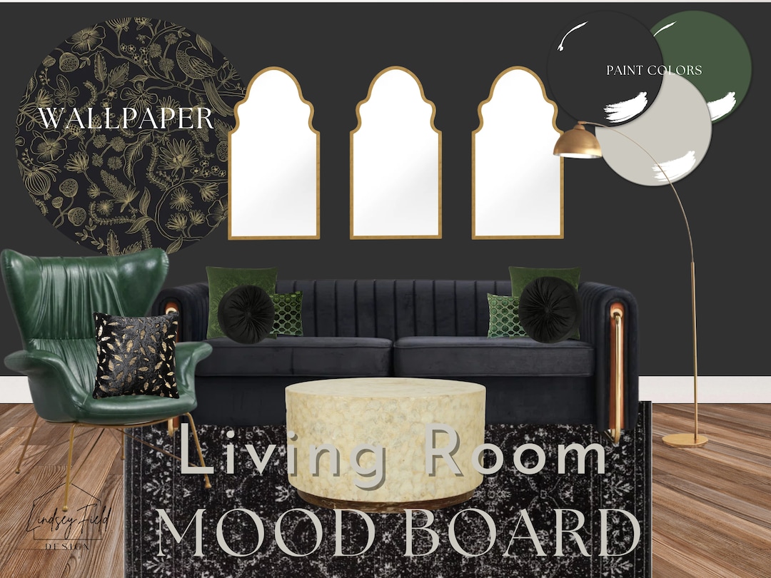 Black Living Room Mood Board | Black Interior Design | Gothic Interior ...