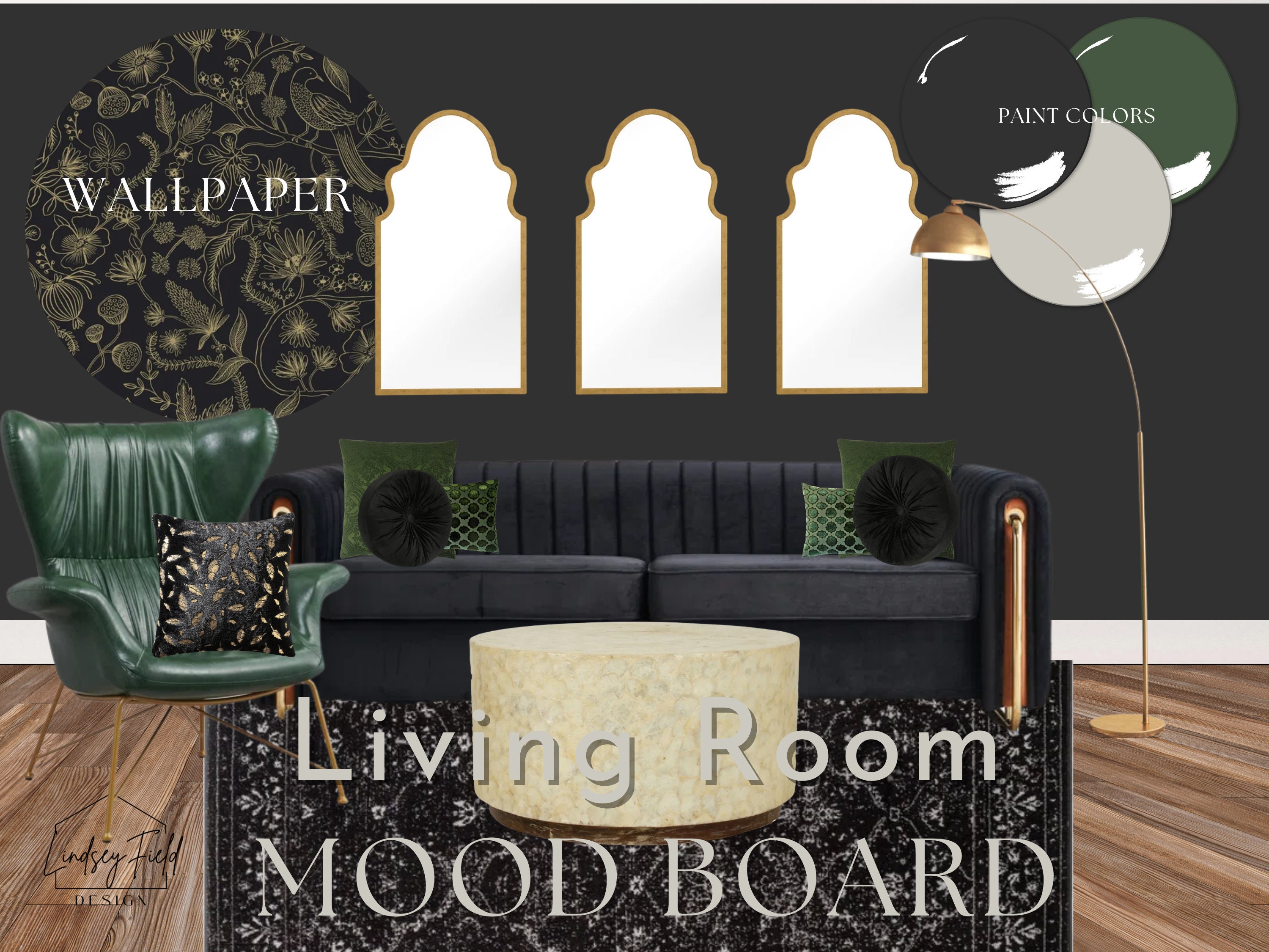 Black Living Room Mood Board | Black Interior Design | Gothic Interior ...