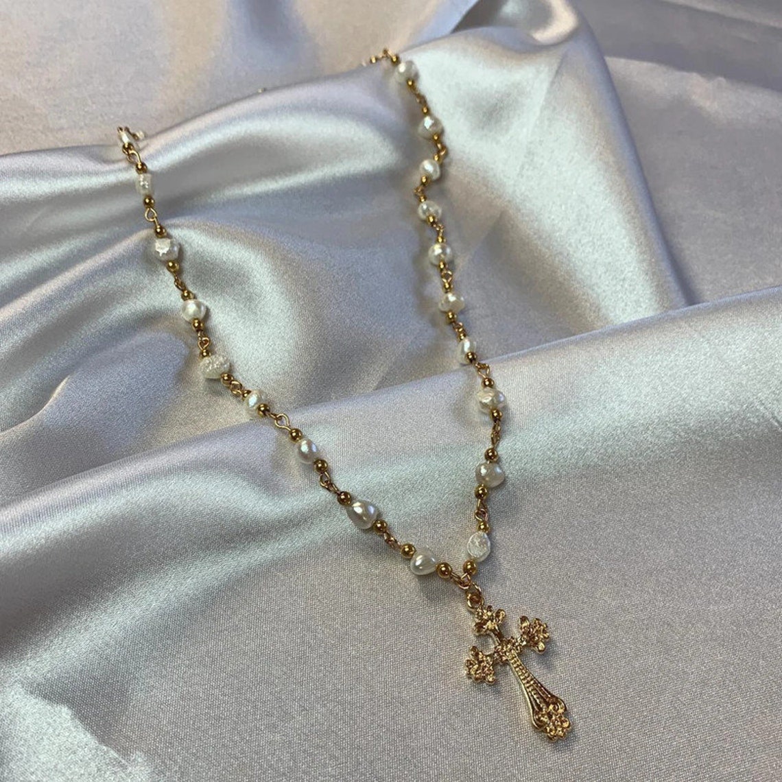 18K Gold Freshwater Natural Pearl Gold Beaded Cross Pendant - Etsy