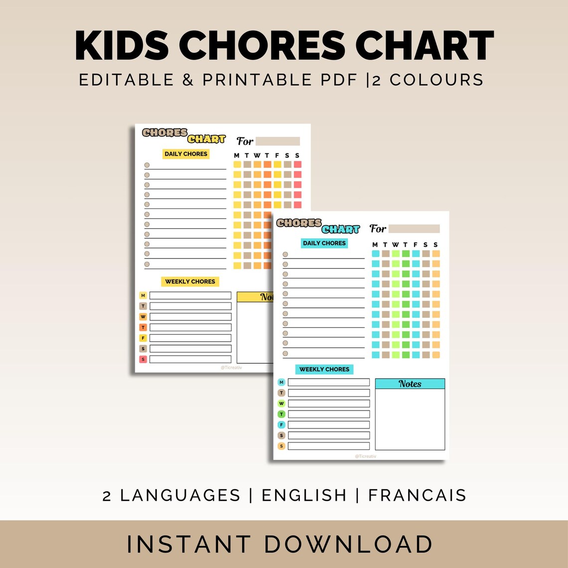Editable, Printable Chore Chart for Kids or Teenagers, Daily Tasks ...
