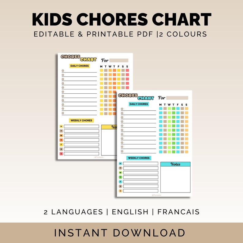 Editable, Printable Chore Chart for Kids or Teenagers, Daily Tasks ...