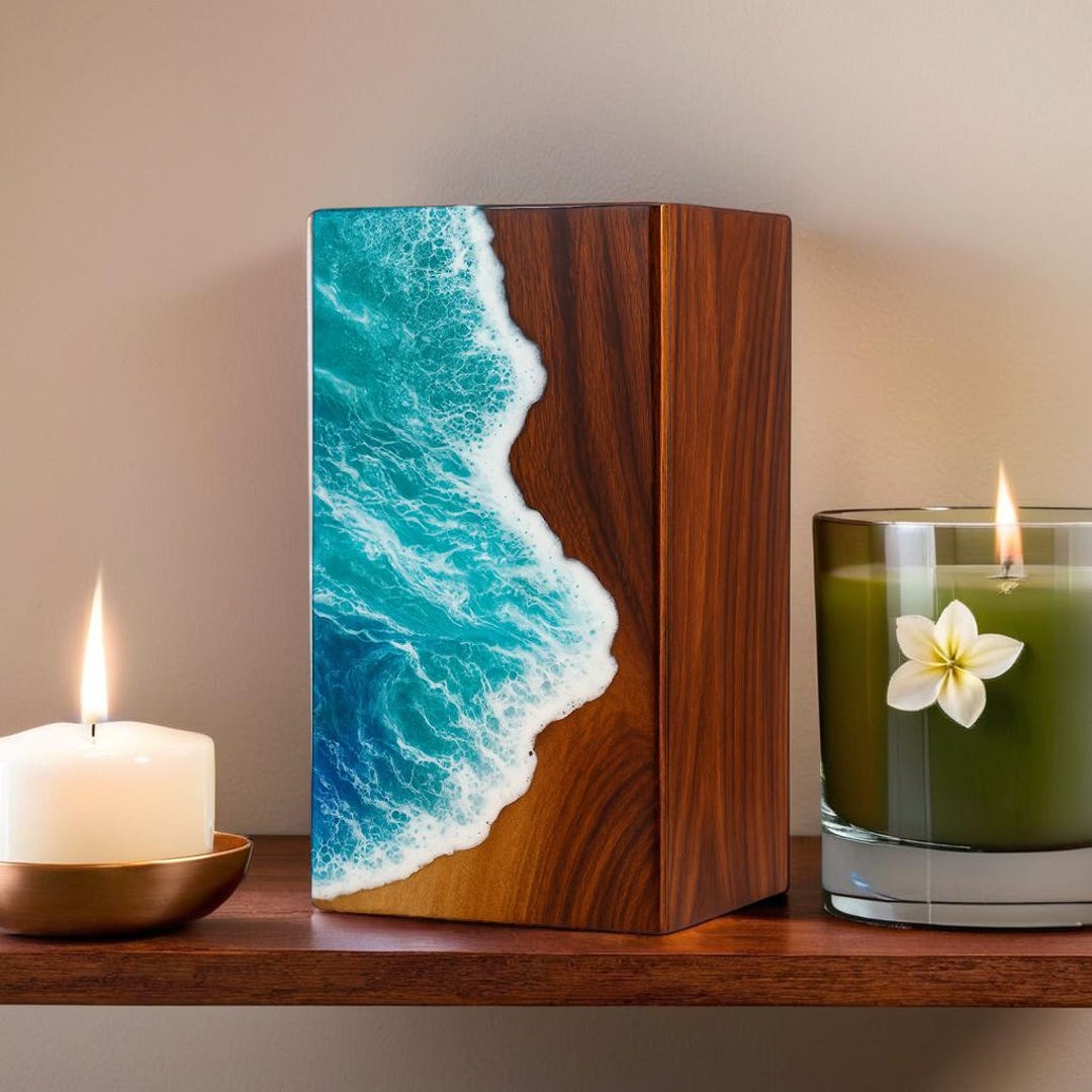 Handcrafted Rosewood Cremation Urn With Ocean Wave Epoxy Resin Design ...