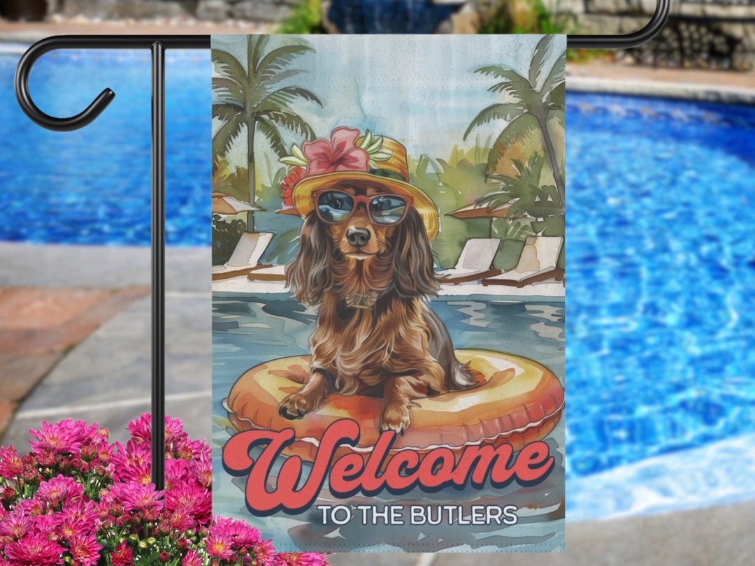 Longhaired Dachshund Garden Flag - Personalized Welcome Banner for Pool ...