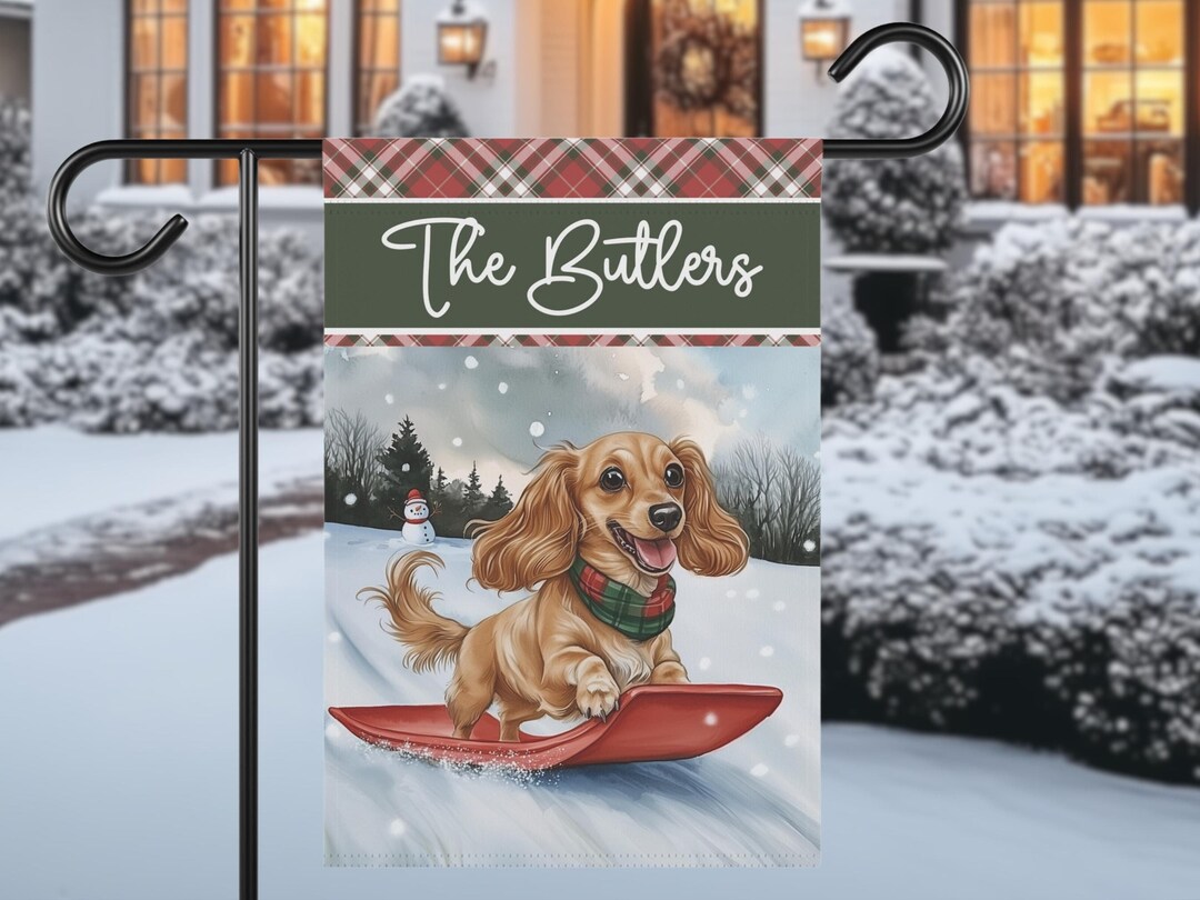 Custom Cream Longhaired Dachshund Winter Garden Flag, Weiner Dog Owner ...