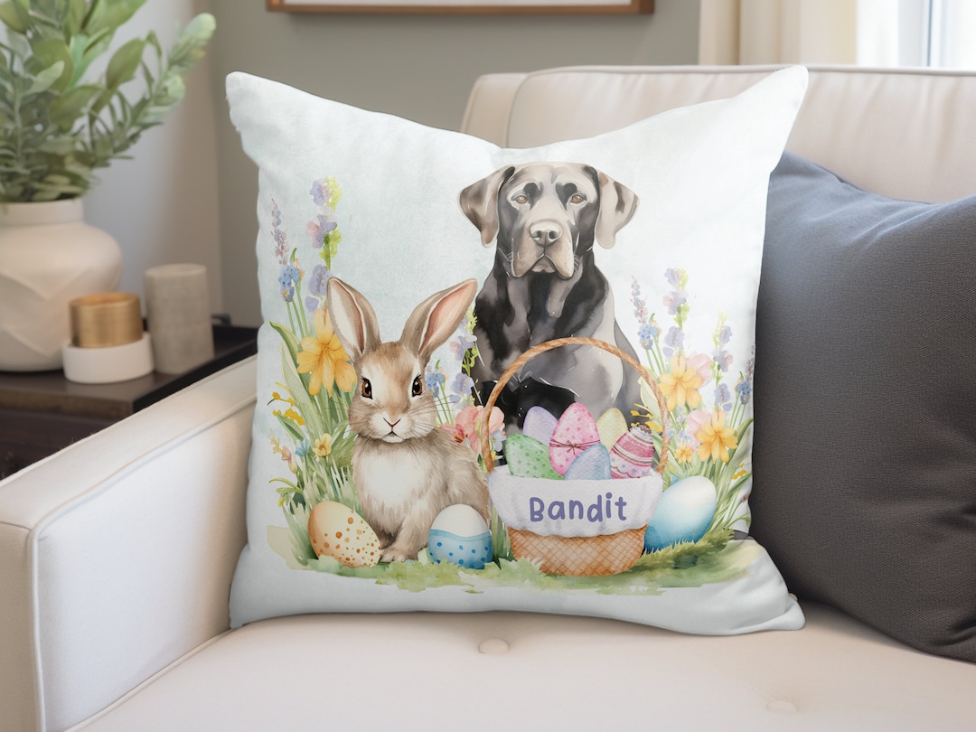 Personalized Black Lab Easter Pillow, Dog and Easter Bunny Spring Home ...