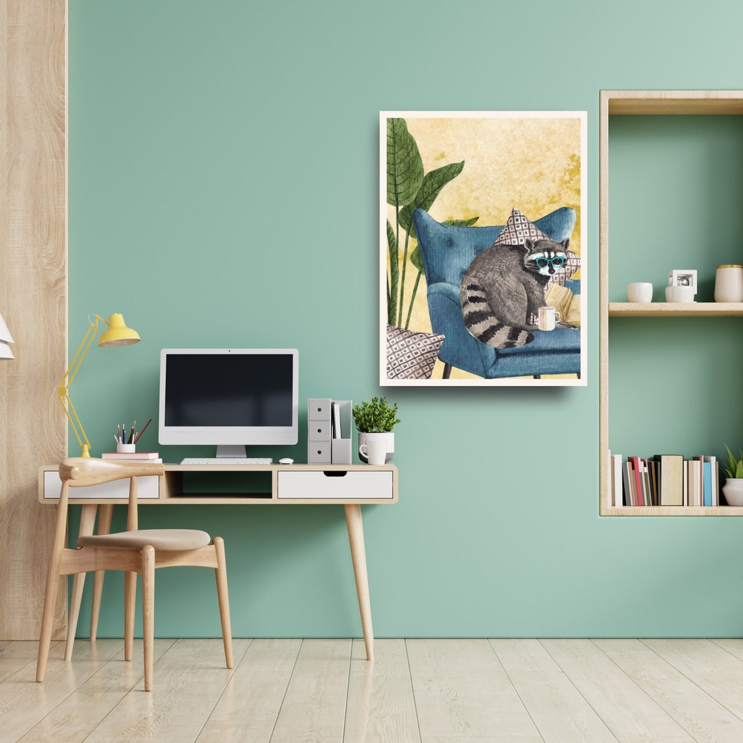 Reading Raccoon Print, Book Nook Art for Reader, Trash Panda Wearing ...