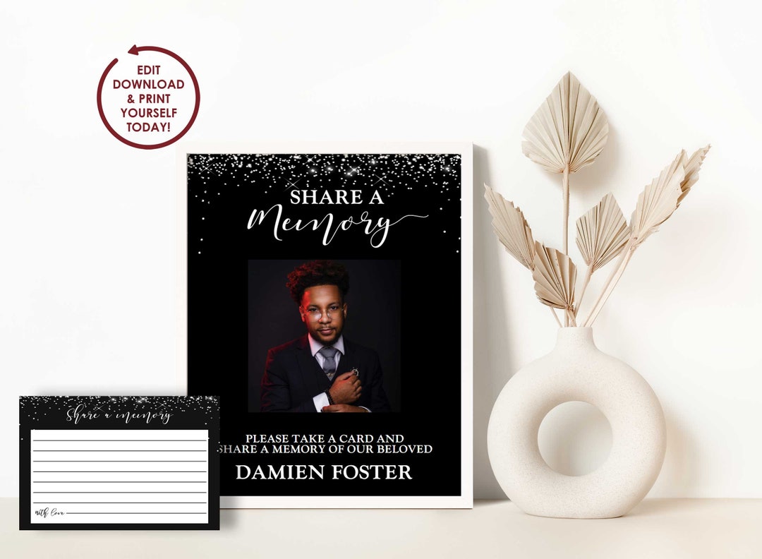 DIY EDITABLE Share a Memory Funeral Sign & Cards Modern Black and ...