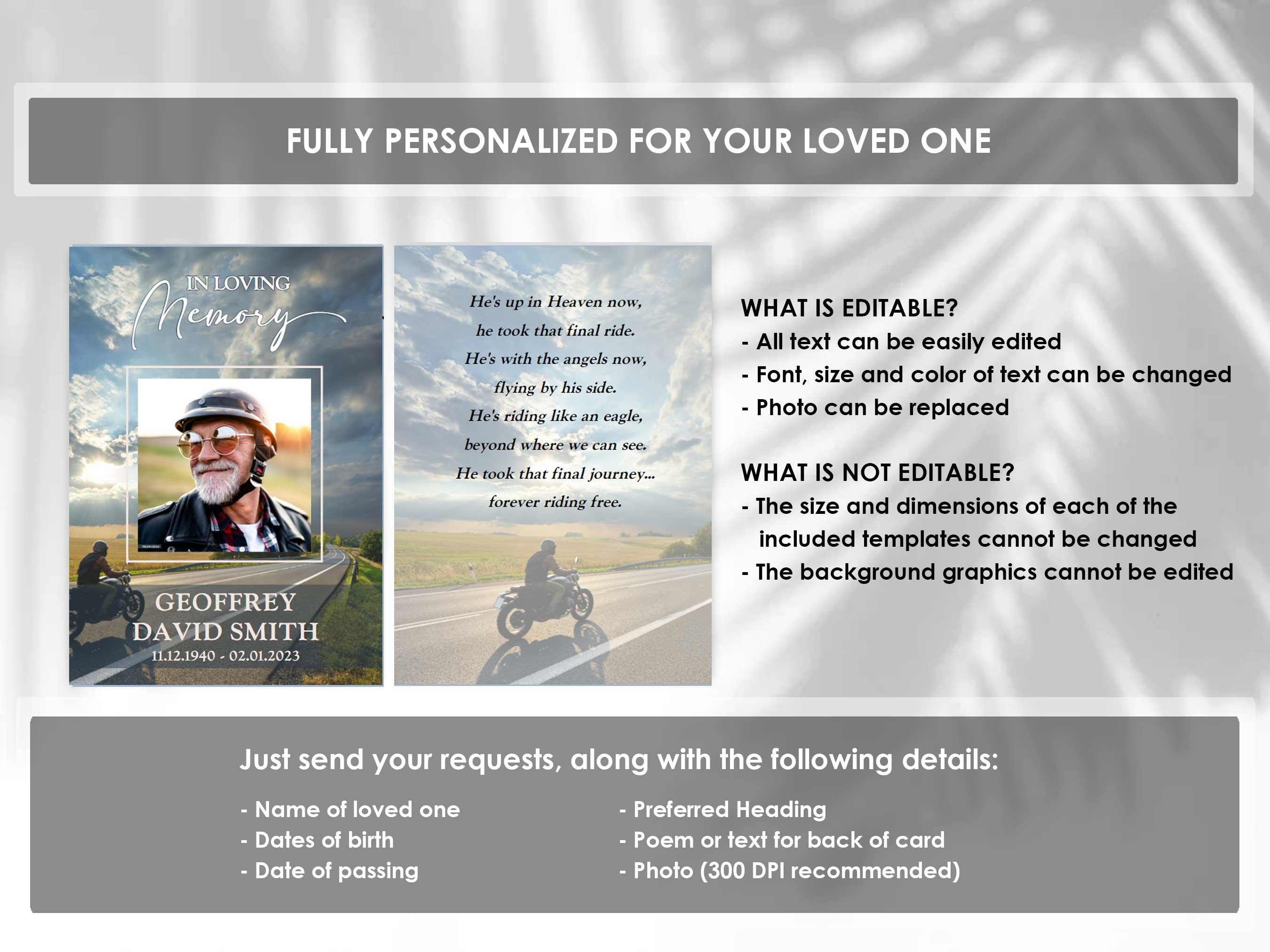 PRINTED Motorcycle Memorial Cards for Biker| Custom Motorbike Prayer ...