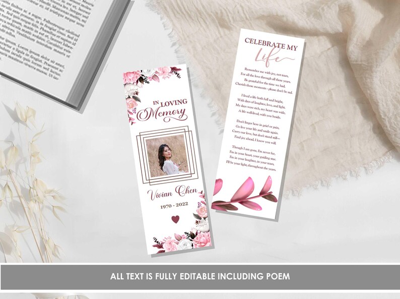 DIY EDITABLE Memorial Bookmark Template | Pink Floral Funeral Favor ...