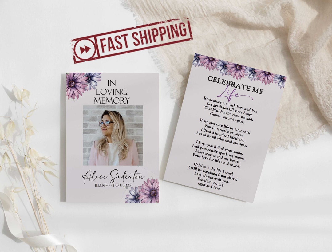 PRINTED Custom Memorial Cards for Celebration of Life Personalized Pink ...