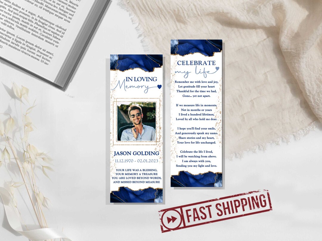 PRINTED Memorial Bookmarks Blue & Gold Personalized Funeral Bookmark ...