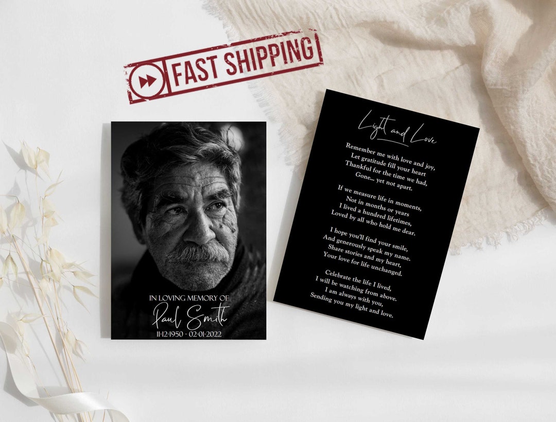 PRINTED Minimalist Funeral Prayer Cards Custom Celebration of Life Poem ...