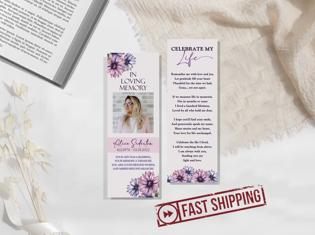 PRINTED Memorial Bookmarks Pink & Purple Floral Personalized Funeral ...