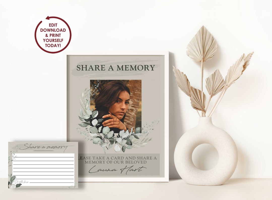 DIY EDITABLE Share a Memory Funeral Sign & Cards | Beige Eucalyptus ...