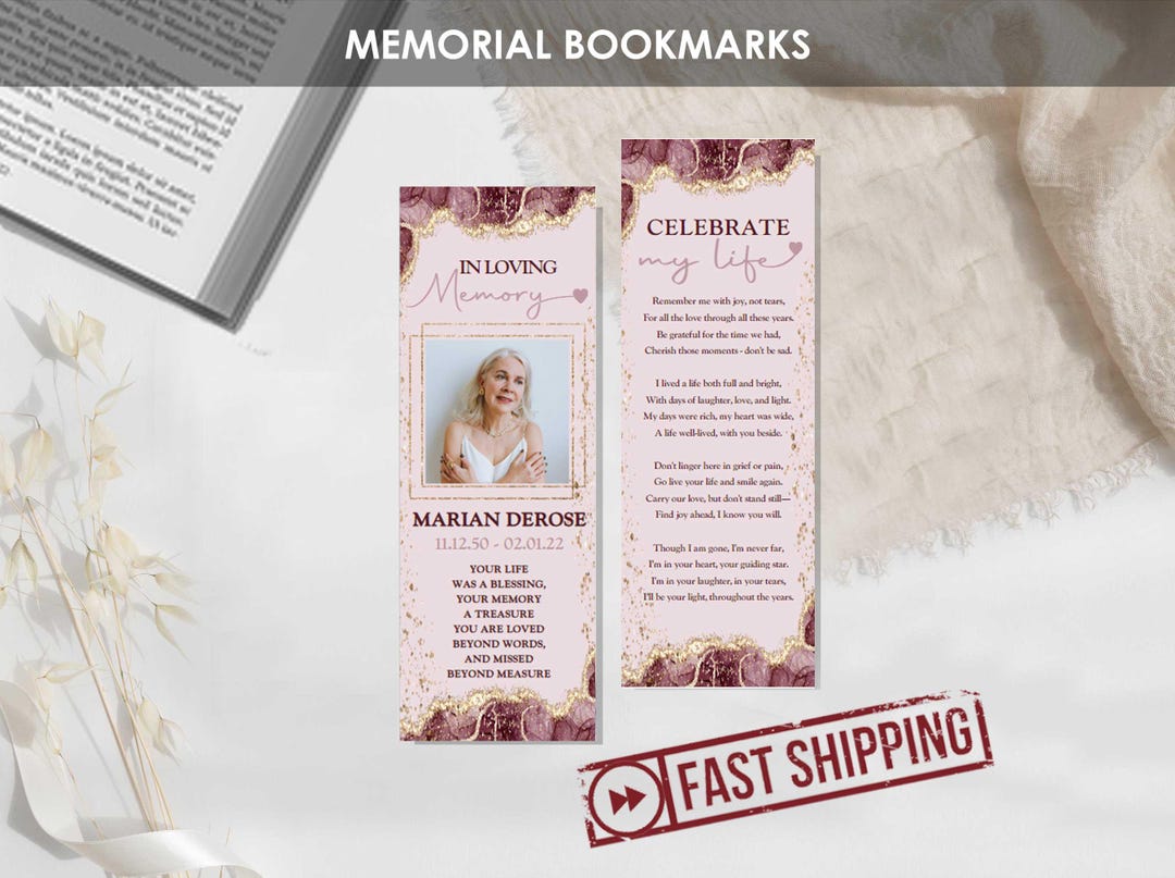 PRINTED Memorial Bookmarks Pink Rose Gold | Personalized Funeral ...