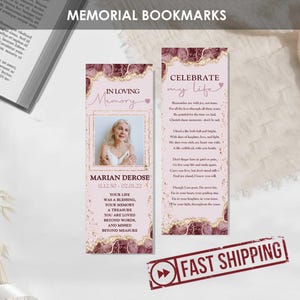 PRINTED Memorial Bookmarks Pink Rose Gold | Personalized Funeral ...