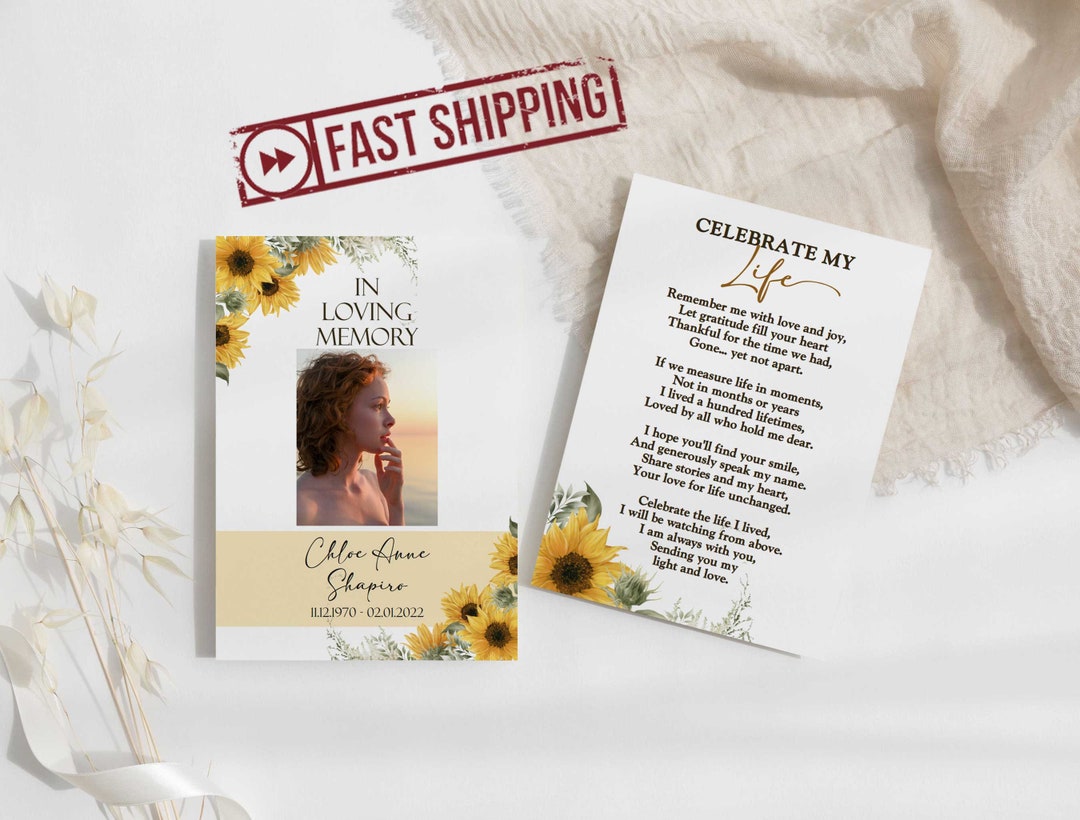 PRINTED Memorial Cards for Celebration of Life With Yellow Sunflowers ...
