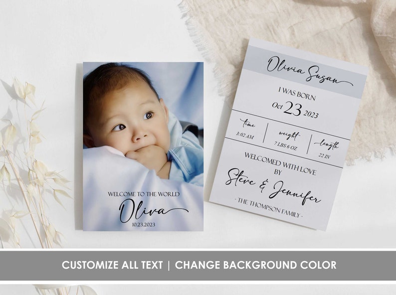 PRINTED Birth Announcement Cards Minimalist | Personalized Baby ...