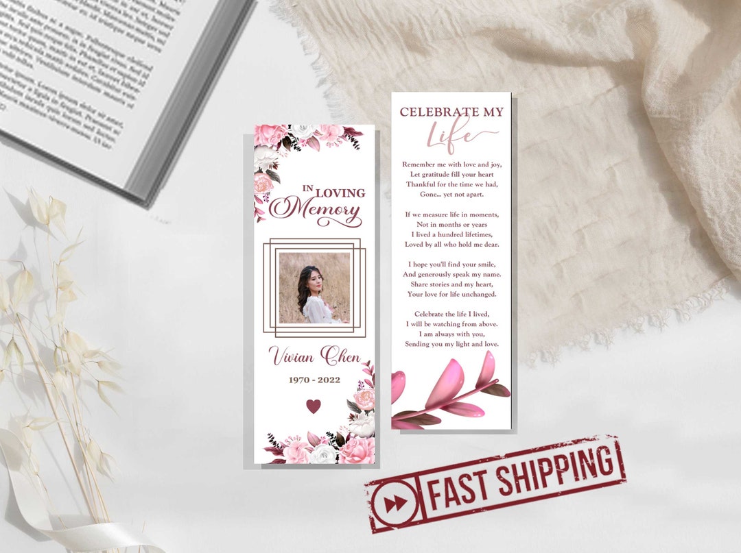 PRINTED Memorial Bookmarks Soft Pink Floral Personalized Funeral ...