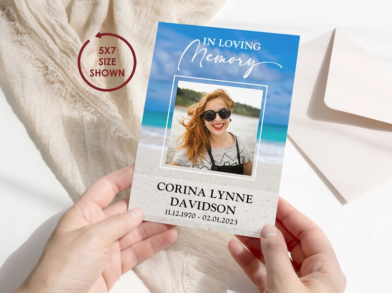 DIY EDITABLE Tropical Beach Memorial Card Template | Ocean Themed ...