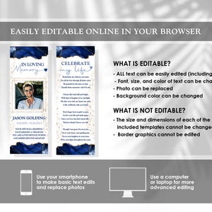 DIY EDITABLE Blue Bookmark Template for Celebration of Life | Memorial ...