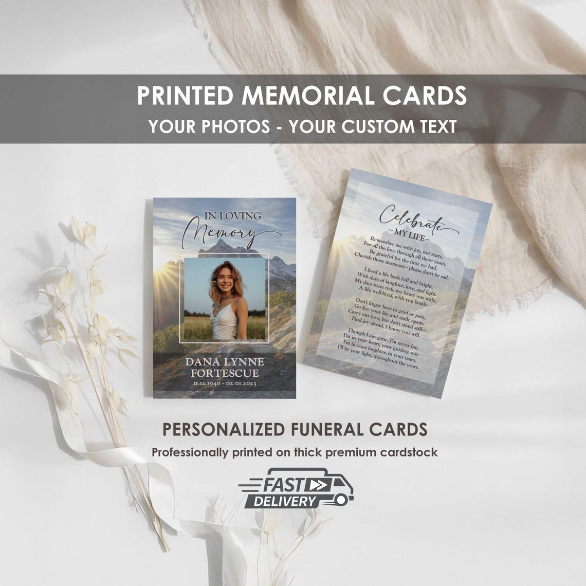 PRINTED Mountain Funeral Prayer Cards for Celebration of Life | Hiking ...