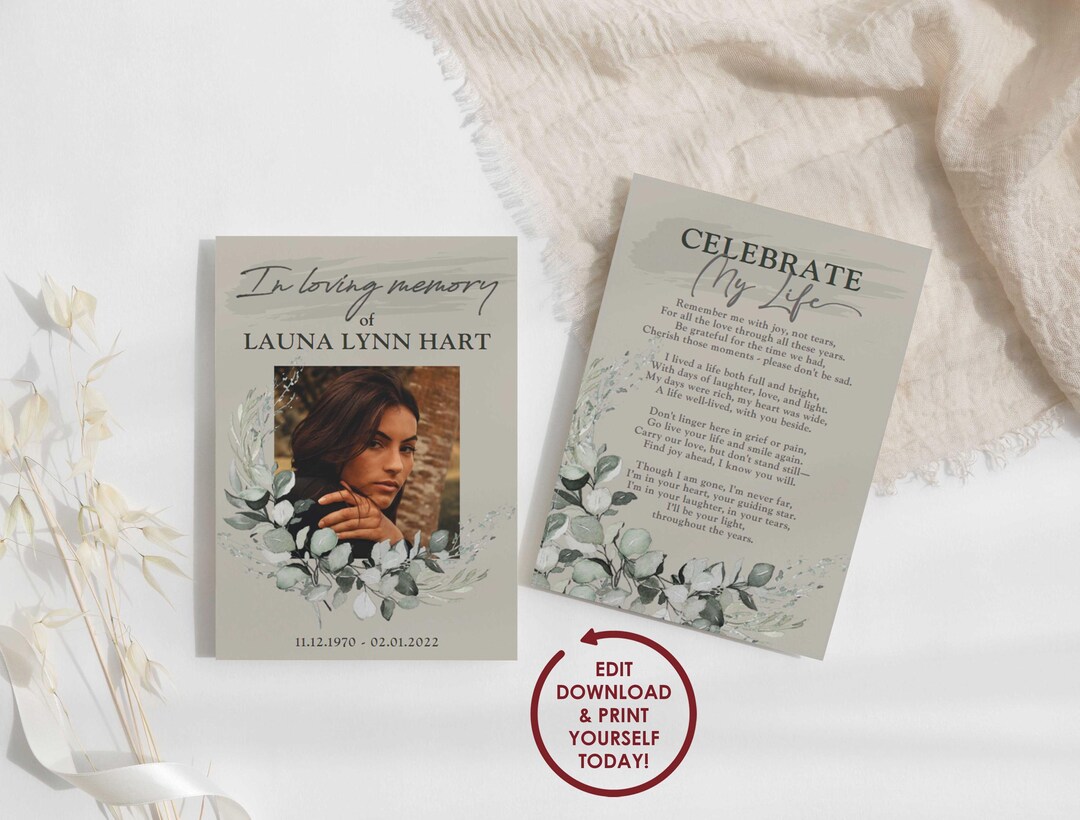 Buy DIY EDITABLE Funeral Prayer Card Template for Woman | Greenery ...