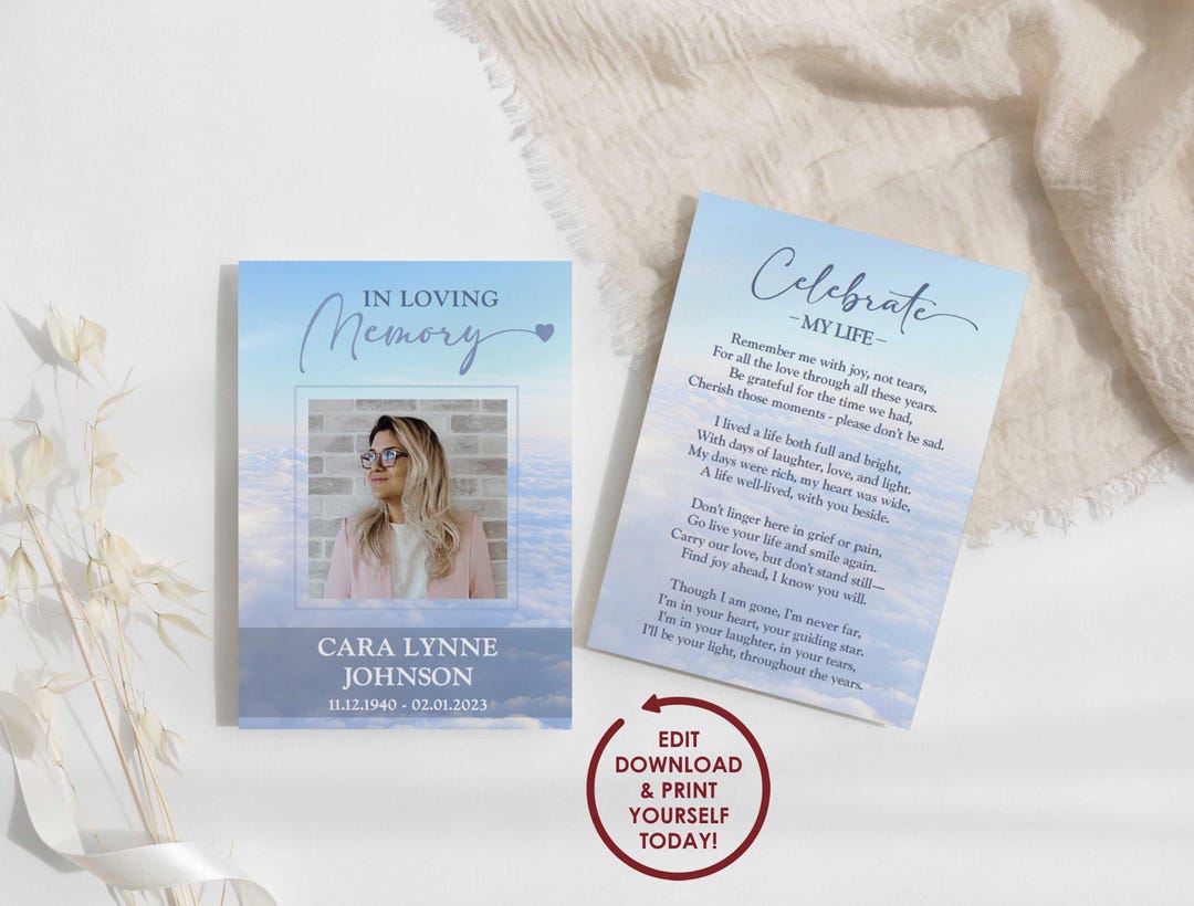 DIY EDITABLE Heavenly Clouds Memorial Card Template | Blue Sky Funeral ...