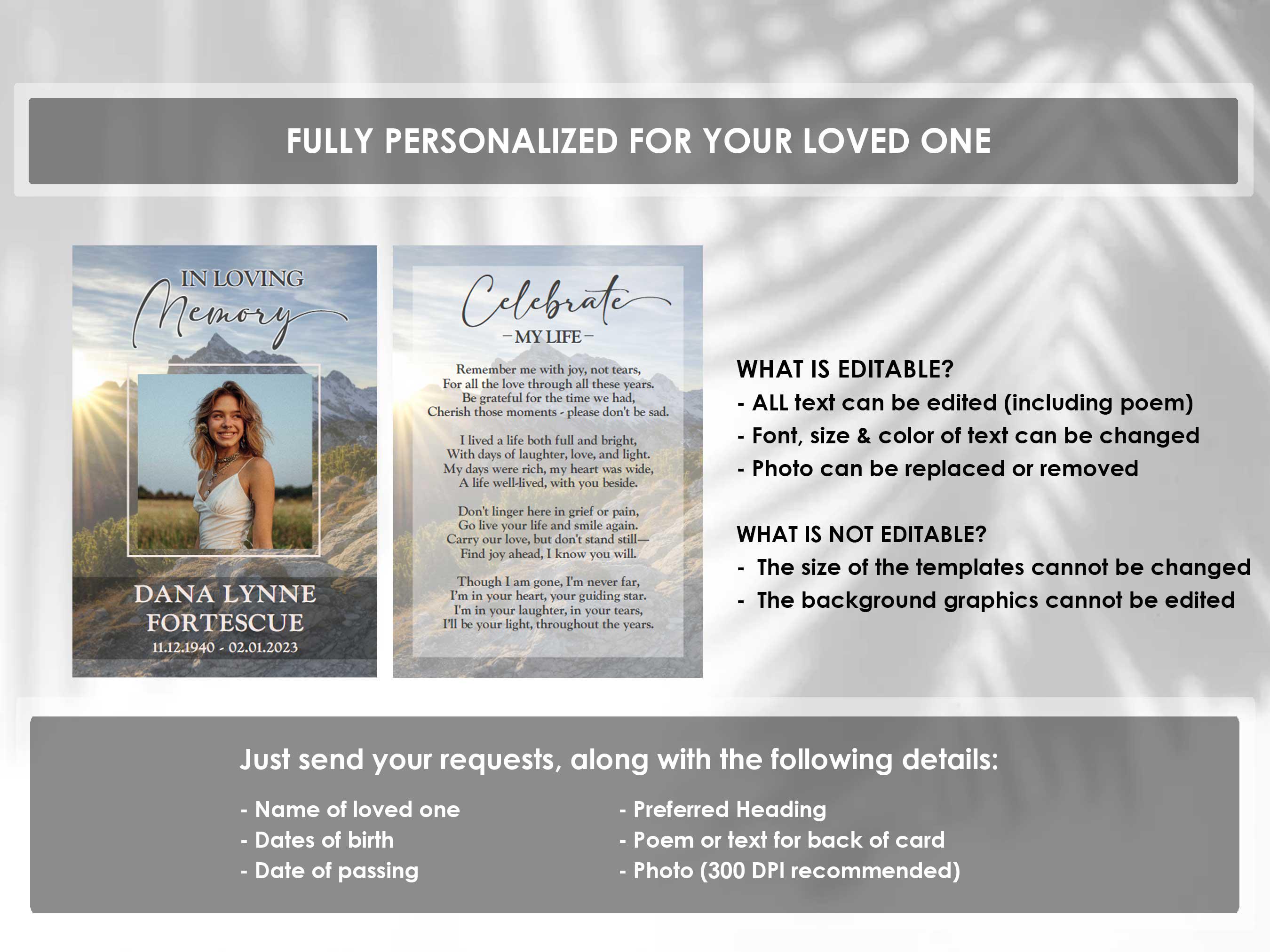 PRINTED Mountain Funeral Prayer Cards for Celebration of Life | Hiking ...