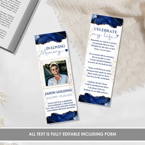 DIY EDITABLE Blue Bookmark Template for Celebration of Life Memorial ...