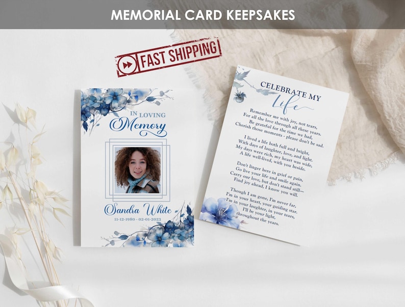 PRINTED Memorial Cards Custom Floral Blue Flowers Funeral Card ...