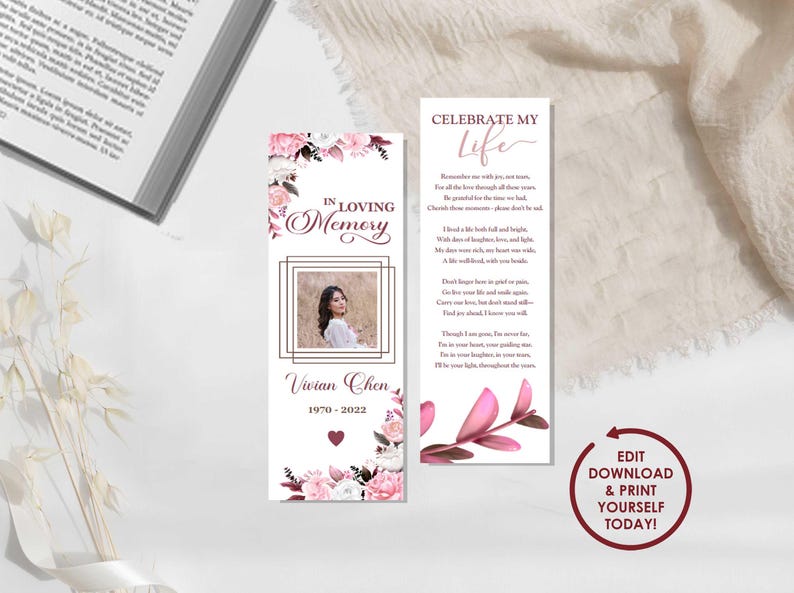 DIY EDITABLE Memorial Bookmark Template | Pink Floral Funeral Favor ...