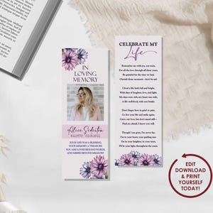 DIY EDITABLE Memorial Bookmark Template for Celebration of Life | Pink ...