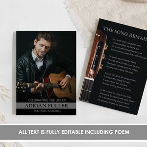 PRINTED Memorial Cards for Musician | Custom Guitar Player Funeral ...
