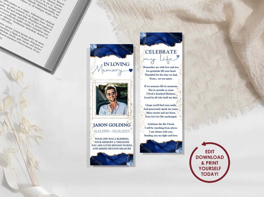 DIY EDITABLE Blue Bookmark Template for Celebration of Life Memorial ...