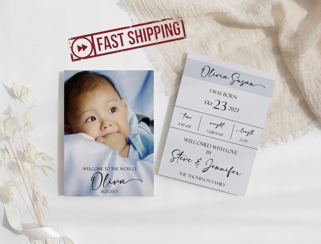 PRINTED Birth Announcement Cards Minimalist | Personalized Baby ...