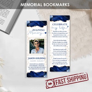 PRINTED Memorial Bookmarks Blue & Gold | Personalized Funeral Bookmark ...