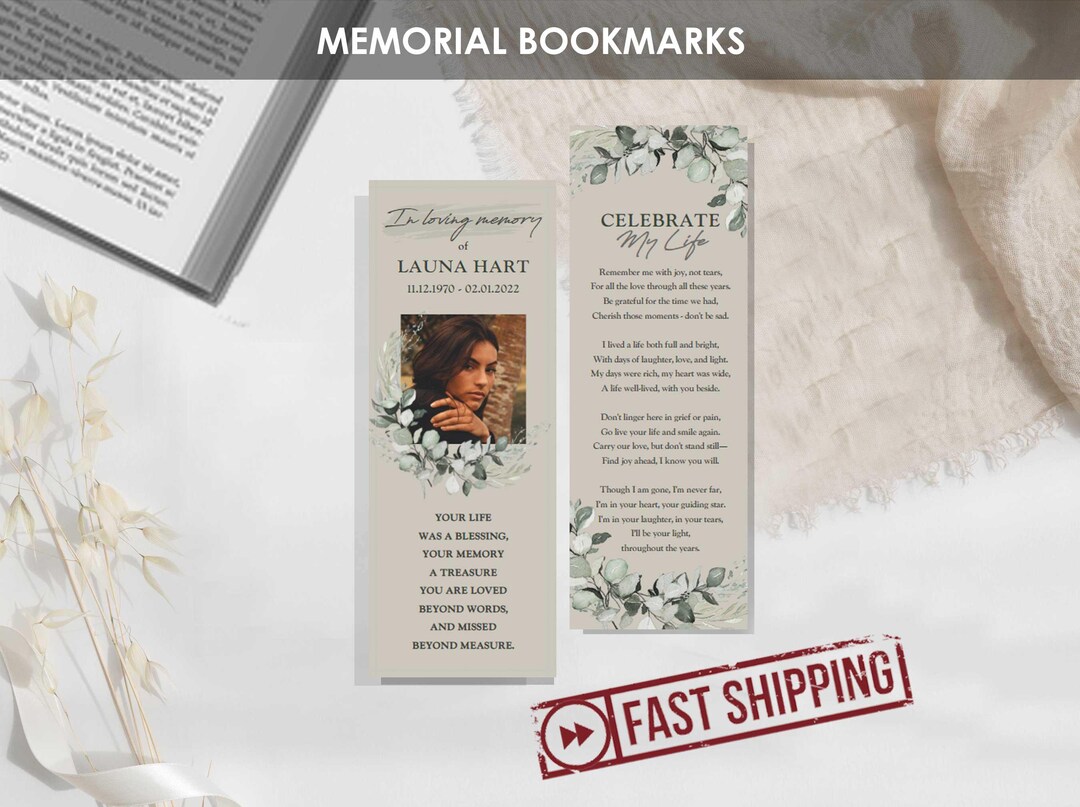 PRINTED Memorial Bookmarks With Eucalyptus Greenery | Personalized ...