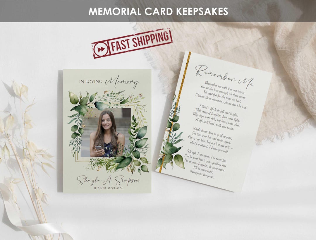 PRINTED Photo Memorial Cards W Leaf Greenery | Green Leaves Funeral ...