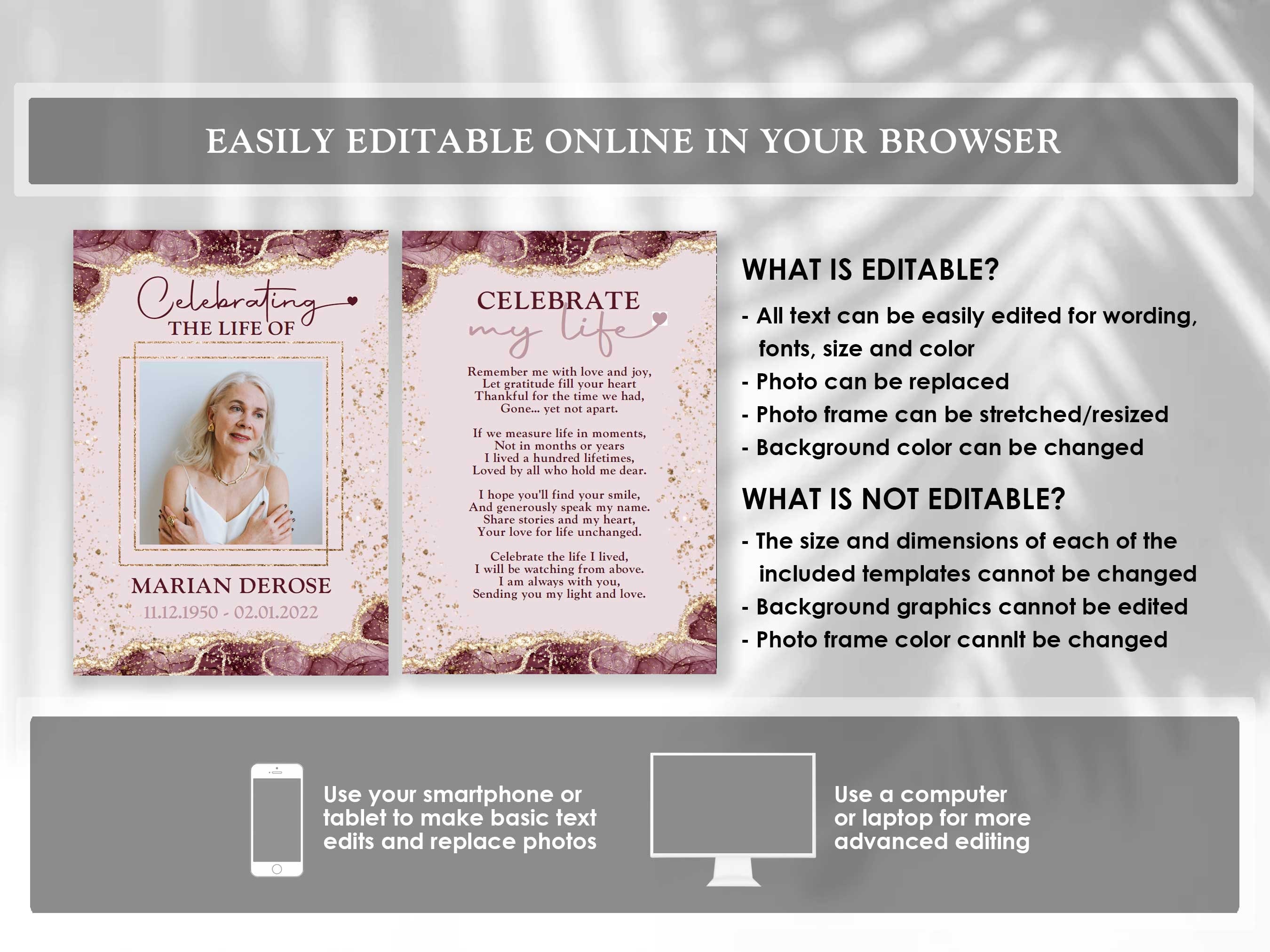 DIY EDITABLE Memorial Card Template Pink & Gold Funeral - Etsy
