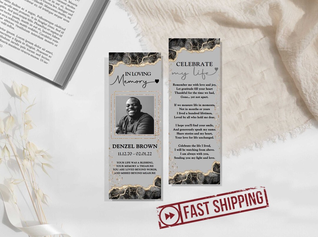 PRINTED Memorial Bookmarks Modern Black & Grey Personalized Funeral ...