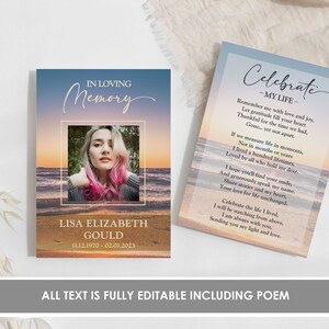 DIY EDITABLE Beach Sunset Memorial Card Template Ocean Themed Funeral ...
