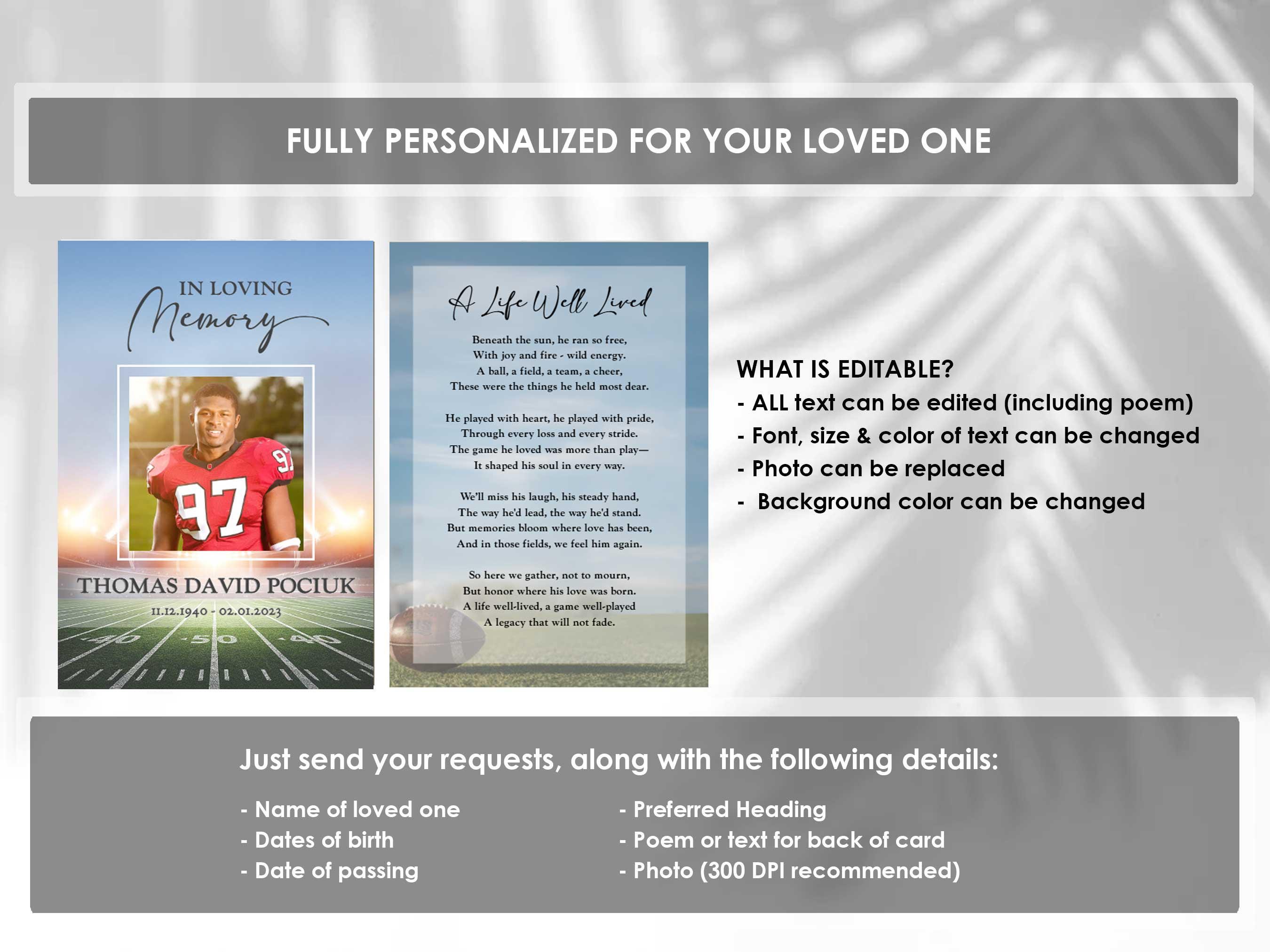 PRINTED Football Memorial Cards for Athlete | Custom Sports Funeral ...