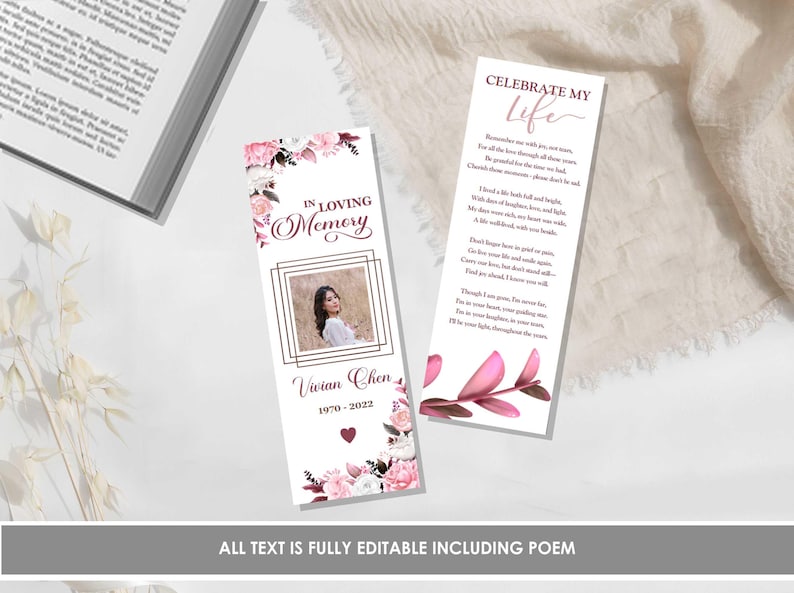 PRINTED Memorial Bookmarks Soft Pink Floral | Personalized Funeral ...