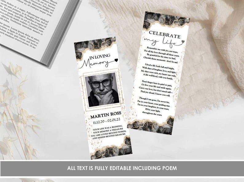 DIY EDITABLE Bookmark Template | Funeral Favor for Woman & Man | Black ...