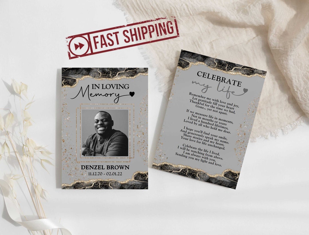 PRINTED Funeral Prayer Cards Gray & Gold Celebration of Life Poem ...