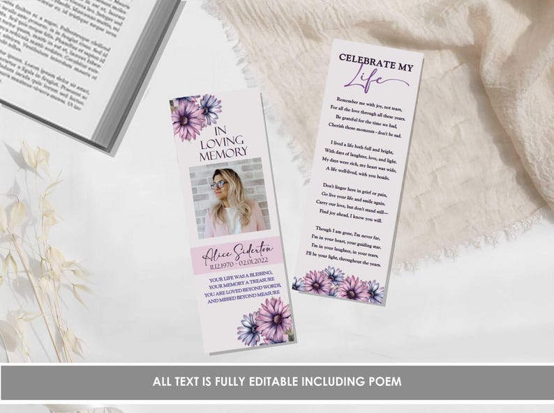 DIY EDITABLE Memorial Bookmark Template for Celebration of Life | Pink ...