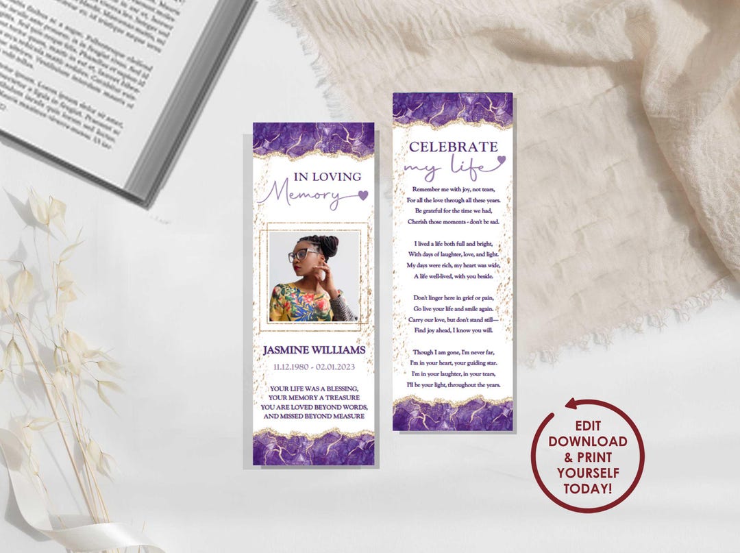 DIY EDITABLE Purple Memorial Bookmark Template for Celebration of Life ...
